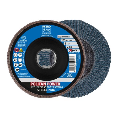 Pferd 5" X-LOCK POLIFAN Flap Disc - Z SG POWER STEELOX, Zirconia, 60 Grit, Conical 10PK 60779 | Zoro